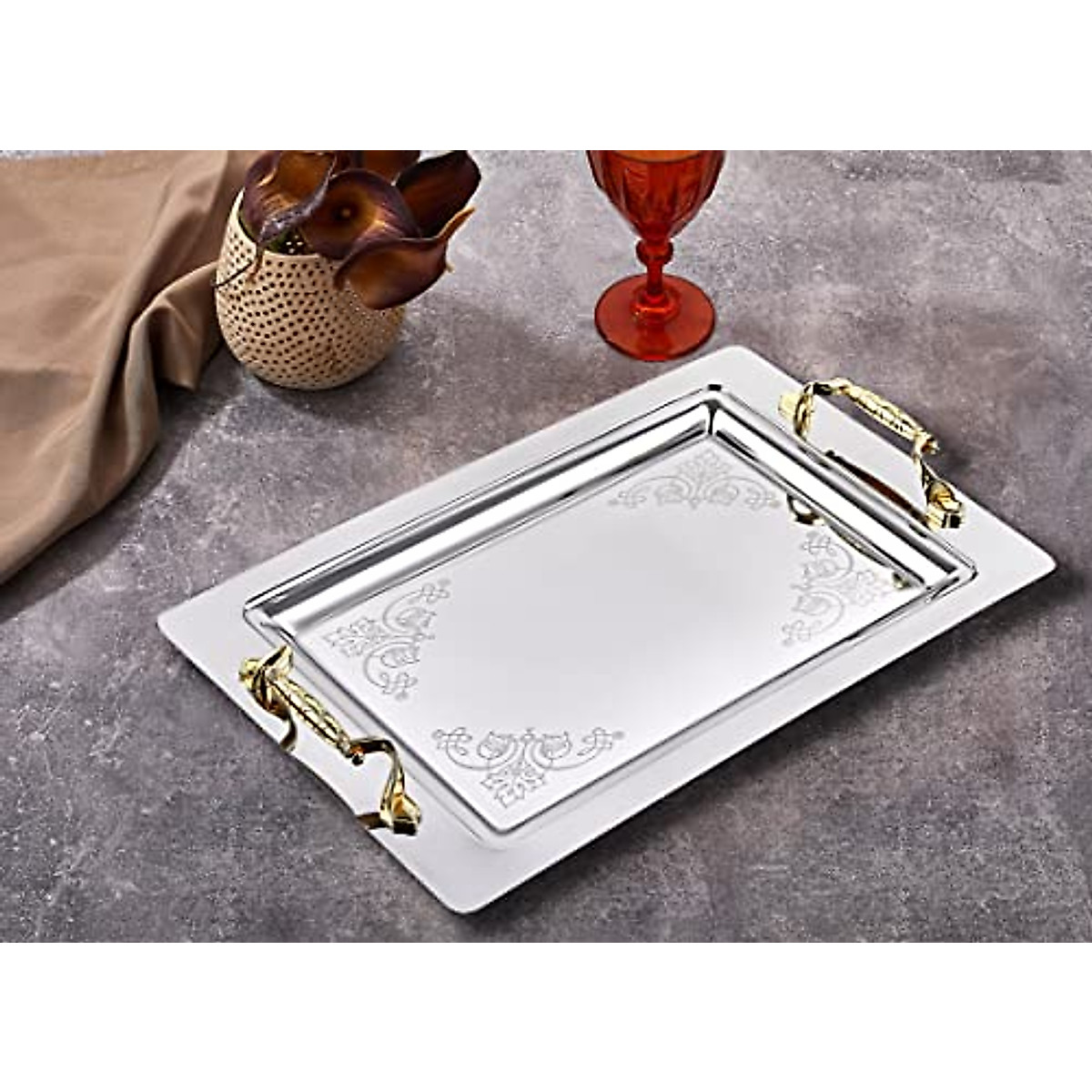 Candymosa Silver Serving Tray with Handles (14”x9”) - Stainless Steel Serving Tray for Drinks and Food - Silver Tray Decorative - Ideal as a Coffee Tray, Bar Tray, Silver Platter or Turkish Tray