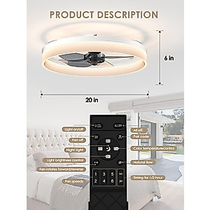 ERYAHRT Low Profile Ceiling Fan with Light Remote Control, Semi Flush Mount Ceiling Fans with 5 Invisible Blades, Dimmable Led Ceiling Fan Reversible Blades Timing, White