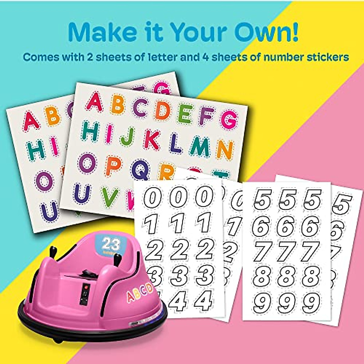 Kidzone 12V 2-Speeds Electric Ride On Bumper Car for Kids & Toddlers 1.5-5 Years Old, DIY Sticker Baby Bumping Toy Gifts W/Remote Control, LED Lights, Bluetooth & 360 Degree Spin, ASTM Certified