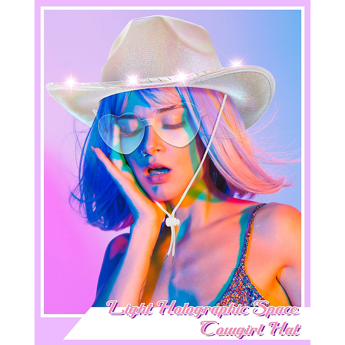 Jecery 12 Pcs Light Holographic Space Cowgirl Hat and Heart Shape Sunglasses LED Rave Cowboy Hat Rimless Heart Sunglasses for Teens Adult Party, White