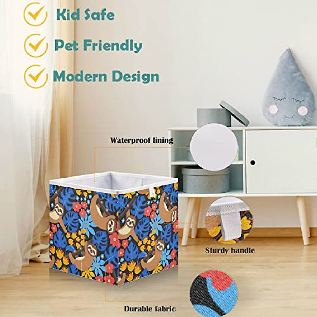 visesunny Closet Baskets Sloth on The Branch Floral Storage Bins Fabric Baskets for Organizing Shelves Foldable Storage Cube Bins for Clothes, Toys, Baby Toiletry, Office Supply