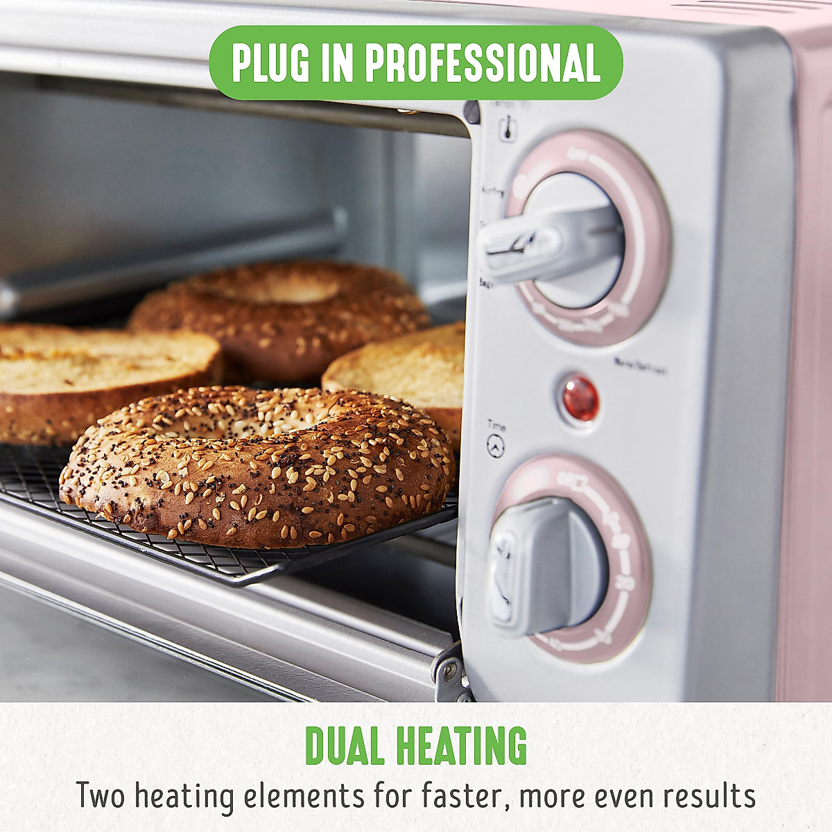 GreenLife Countertop Stainless Steel Toaster Oven Air Fryer, PFAS-Free, Ceramic Nonstick Tray Rack and Airfry Basket, Dual Heating, 4 Slice Capacity, Adjustable Temperature and Time Control, Pink