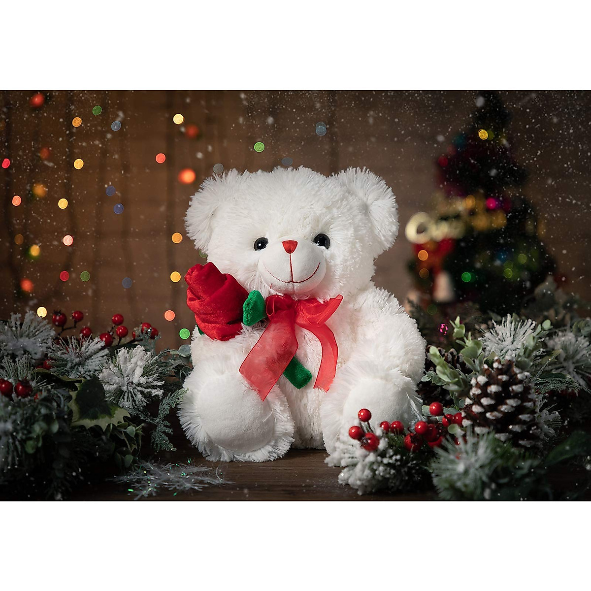 HollyHOME Teddy Bear Stuffed Animal Rose Bear with Red Bow Soft Plush Toy Holiday Valentine's Day Gift 12 Inches White