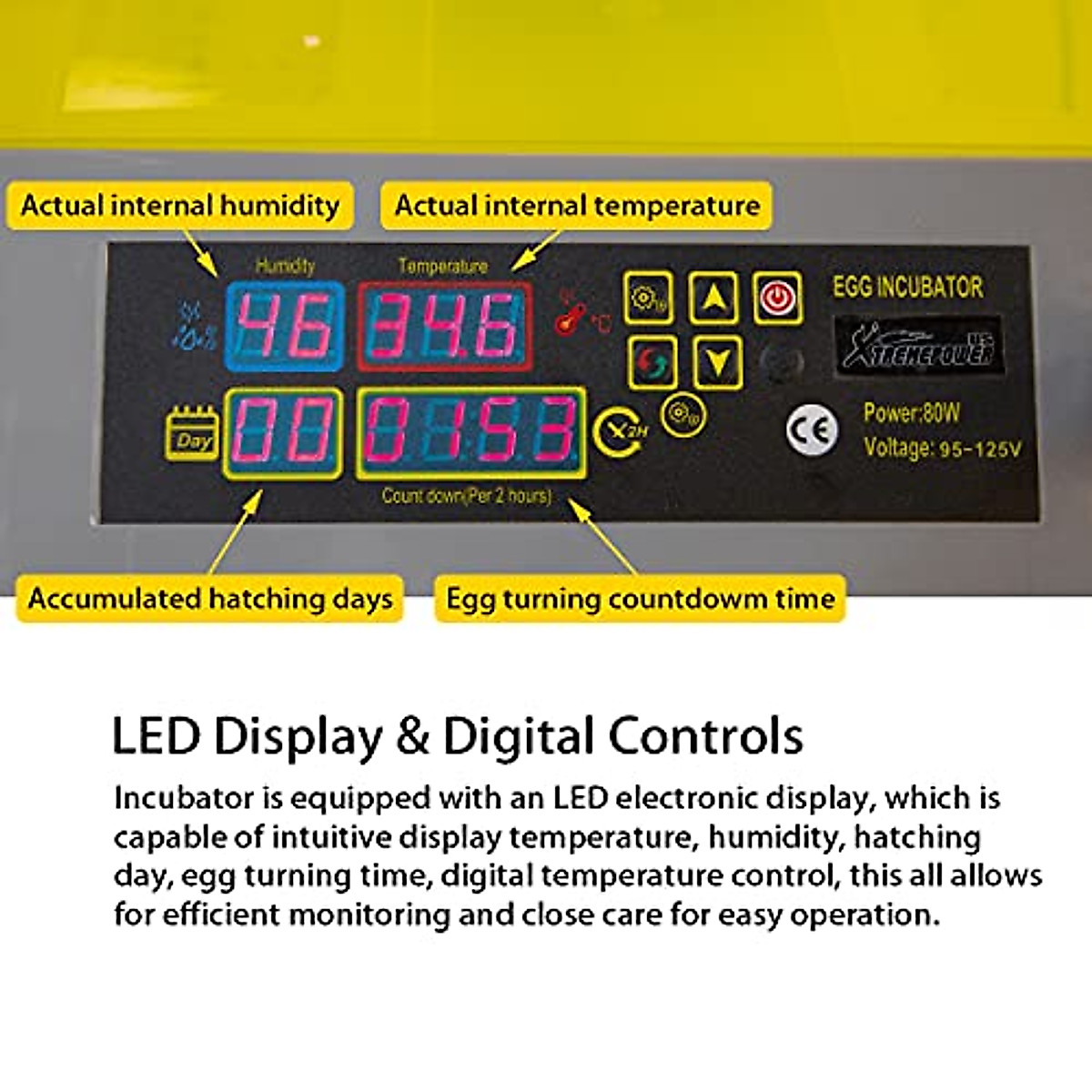 XtremepowerUS 97056-1 48 Digital Incubator with Fully Automatic Turning and Humidity Control 80W Clear Hatching for Chicken Duck Eggs, Yellow