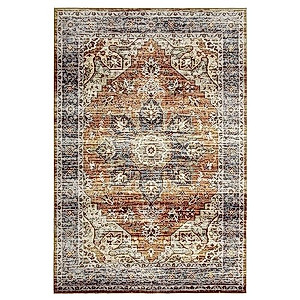 ROYHOME Area Rug 8x10 Machine Washable Rug Traditional Distressed Carpet Stain Resistant Non-Slip Floor Cover Carpet Rug Oriental Medallion Accent Rug for Living Room Bedroom Dining Room, Orange
