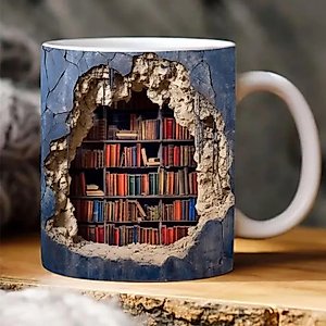 RQPQBO 3D Bookshelf Coffee Mug 11 Oz Microwaveable Dishwasher Safe Library Book Mug 3d Mugs Novelty Coffee Mugs Ceramic Mug Cool Presents For Book Lovers (blue)
