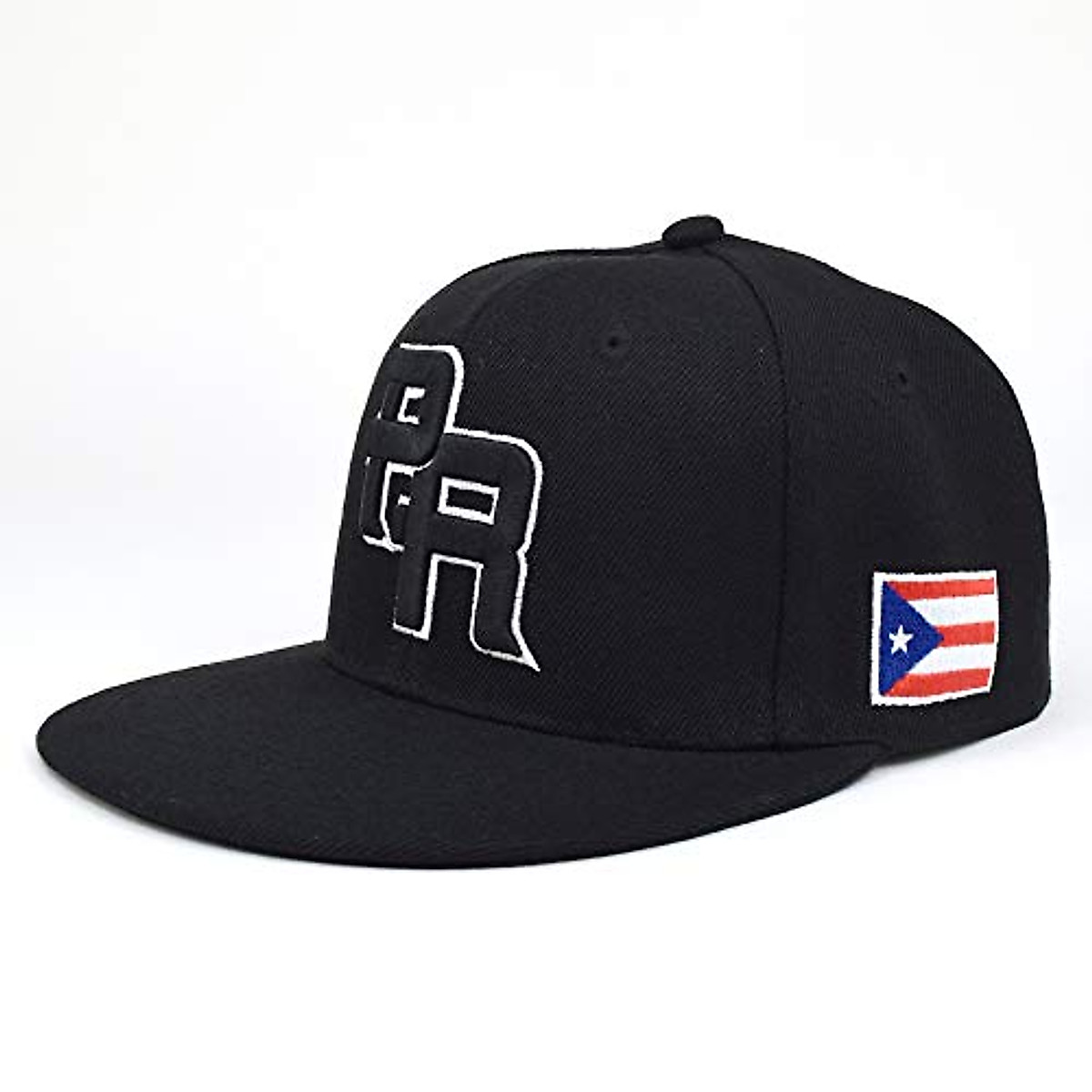 PR Fitted Two Tone Solid Caps Puerto Rico Flag Embroidered hat Front Side Back (Black/Black Emb, XLarge)