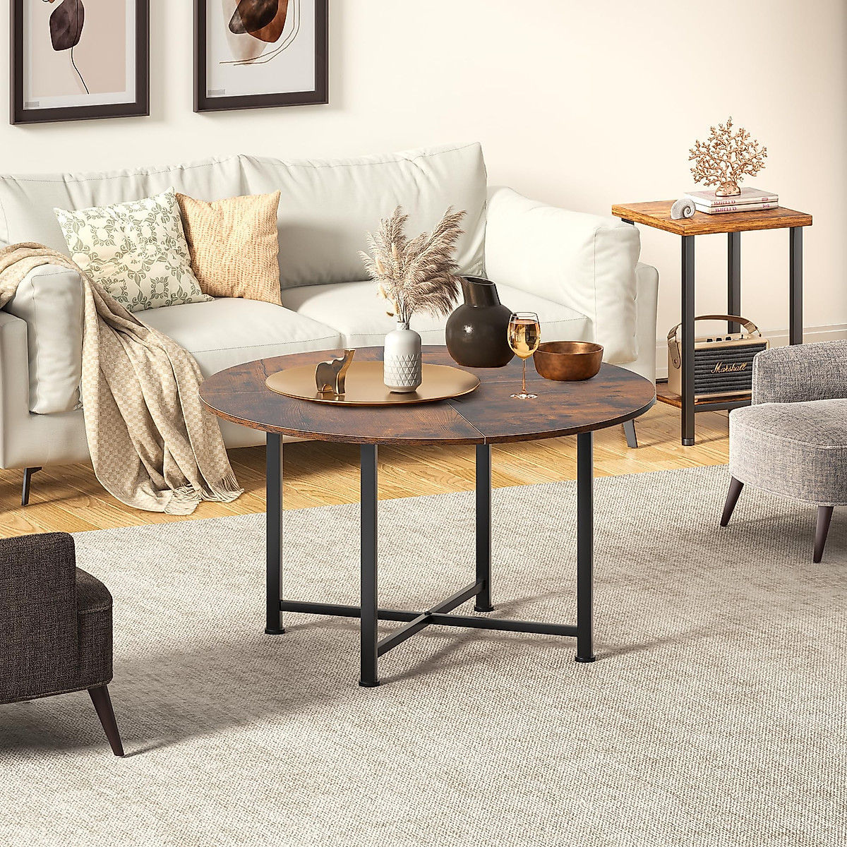 SENIG Round Coffee Table, 2-Tier Coffee Table with Storage Shelf for Living Room, Center Table for Small Spaces, Rustic Brown