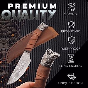 Odin's Raven Norse Viking-styled Knife 10.3" - Hand Forged 6.5" Carbon Steel Blade, Raven's Head Hilt and Leather Sheath - Unique Medieval Seax Style - Norse Knife for Hunting & Camping