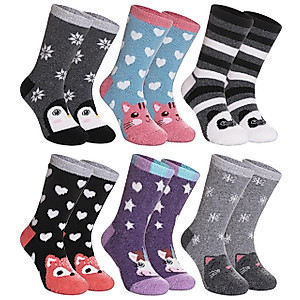 SDBING Kids Merino Wool Hiking Socks Toddlers Wool Socks Boys Girls Warm Boot Cozy Thick Thermal Winter Crew Socks 6 Pairs (4-7 Years, Cute Animal)