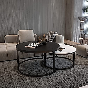 WiberWi Round Coffee Table, Nesting Tables Set of 2, Large : Ø 34.0", Small : Ø 26.0", Modern Design Furniture Side End Table for Living Room, Metal Frame Sofa Table Cocktail Table, Black & White