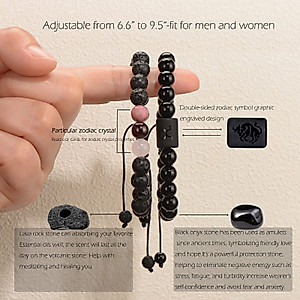 VLINRAS Zodiac Beaded Bracelets for Men Women, 8mm Black Onyx Lava Rock Bracelets Zodiac Taurus Gifts Healing Crystals Bracelet Adjustable