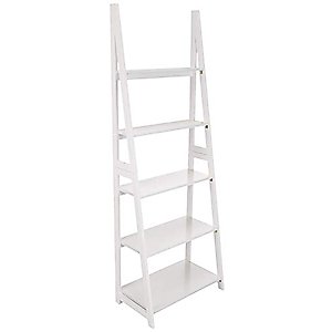 Amazon Basics Modern 5-Tier Ladder Bookshelf Organizer, Solid Rubberwood Frame - White
