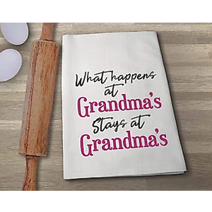 Honey Dew Gifts, What Happens at Grandma's Stays at Grandma's, Cotton Flour Sack Towels, 27 inch by 27 Inch, Made in USA, Grandma Kitchen Towel, Granny Gigi Nana Gifts, Grandparents Day Gift