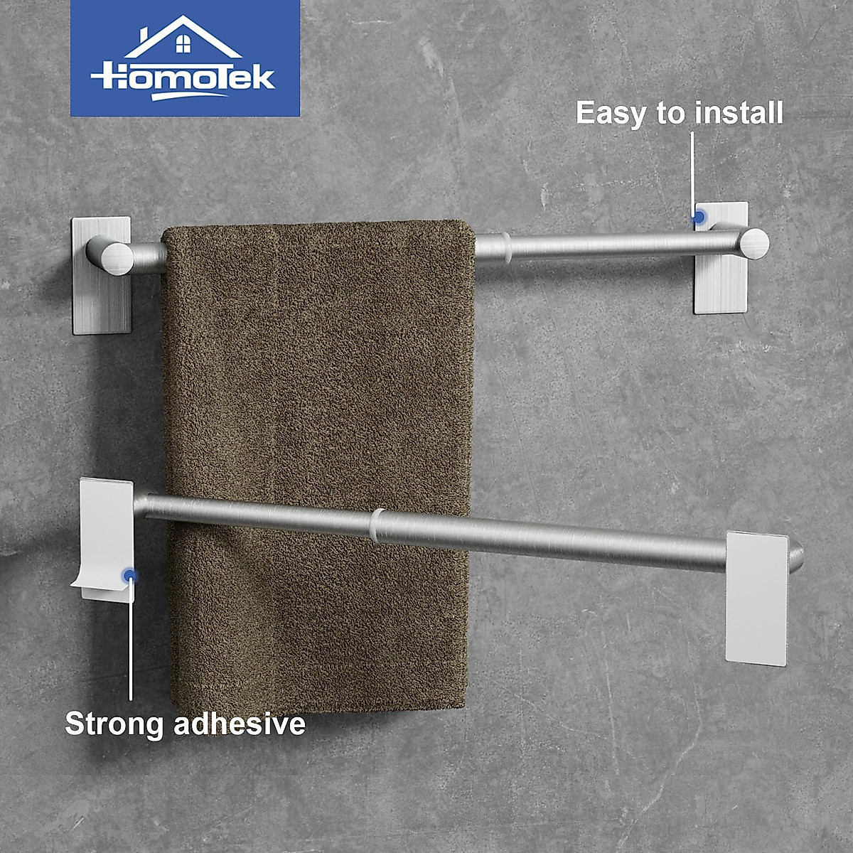 HOMOTEK Towel Bar Adjustable Self Adhesive Bathroom Towel Holder, Towel Rod Size from 14 Inch to 24.5 Inch Single Towel Racks, Towel Hanger Towel Hook for Bathroom, Kitchen(2 Pack Brushed Nickel)