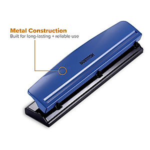 Bostitch Office Premium 3 Hole Punch, 12 Sheet Capacity, Metal, Rubber Base, Easy-Clean Tray, Silver