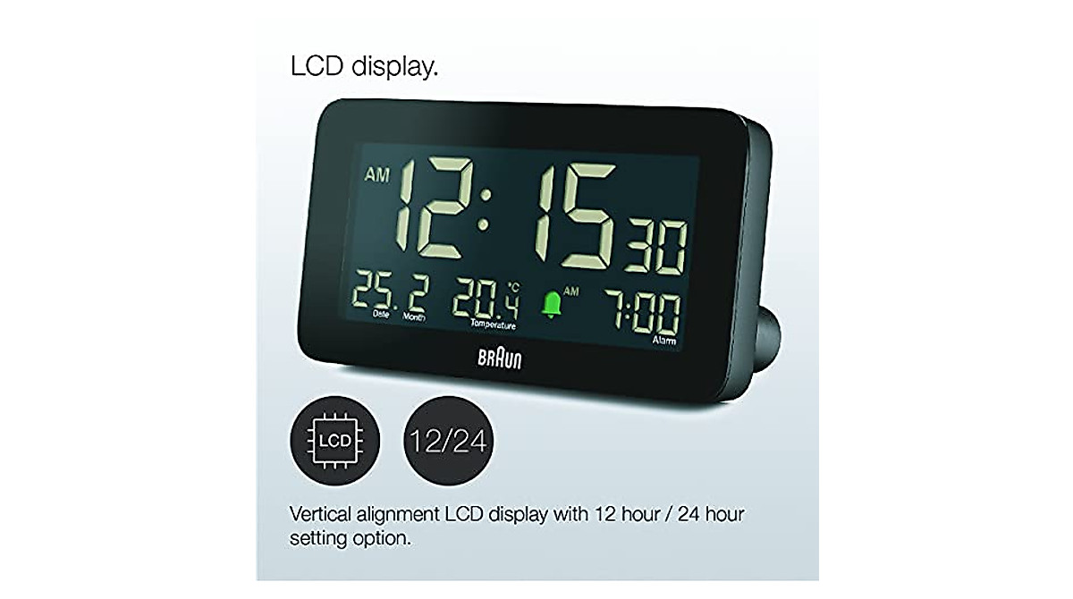 Braun Digital Alarm Clock BC10B - Sleek with Date, Temp & Backlight