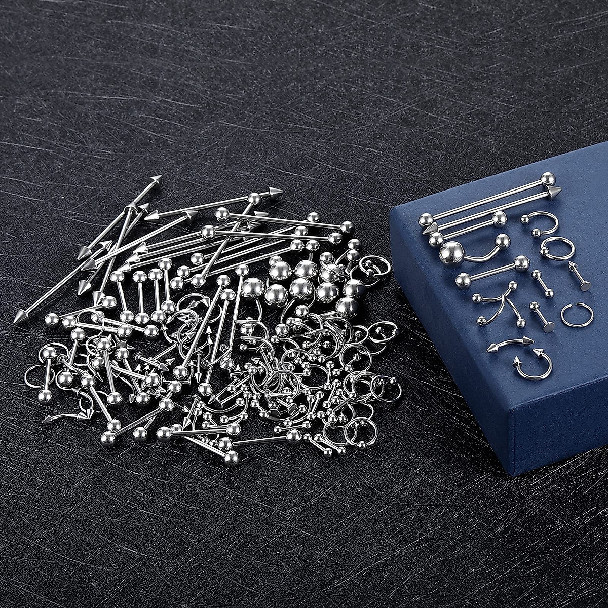 Xpircn 150PCS Mixed Piercing Stainless Steel Nose Horseshoe Lip Tongue Eyebrow Tragus Septum Clicker Body Piercing Navel Belly Ring Nipple Industrial Barbells 14G 16G 20G