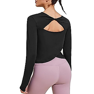 Pinspark Gym Shirts for Women Long Sleeve Workout Shirt Open Back Yoga Crop Top Solid Athletic Top Activewear,Black Small