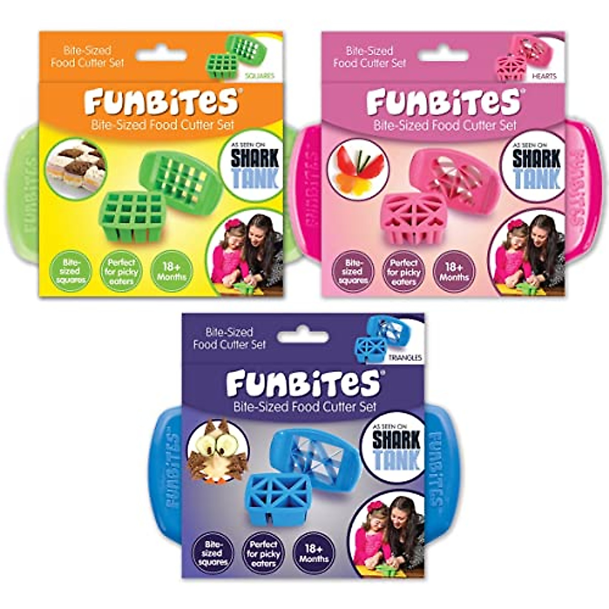 FunBites Set of 3 Food Cutters, Green Squares, Pink Hearts, Blue Triangles