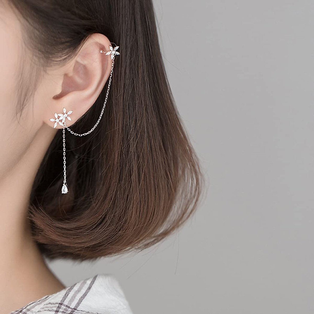 SLUYNZ 925 Sterling Silver Daisy Flowers Cuff Earrings Chain for Women Asymmetric CZ Daisy Earrings Crawler Earrings Dangling Chain (Asymmetric)