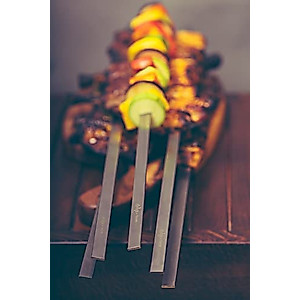 + HOM 8 Kebab 1/2" Wide Flat Skewers, Stainless Steel, No-Wood Handle, Shish, Adana Kabob, Carrying Case