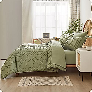 FLYMME Green Tufted Bed in A Bag Twin Size Comforter Set with Sheets, Soft Lightweight Geometric Embroidery Bedding Set 7PC, Boho Shabby Chic Farmhouse Collection All Season (Sage Green, 68''x 86'')