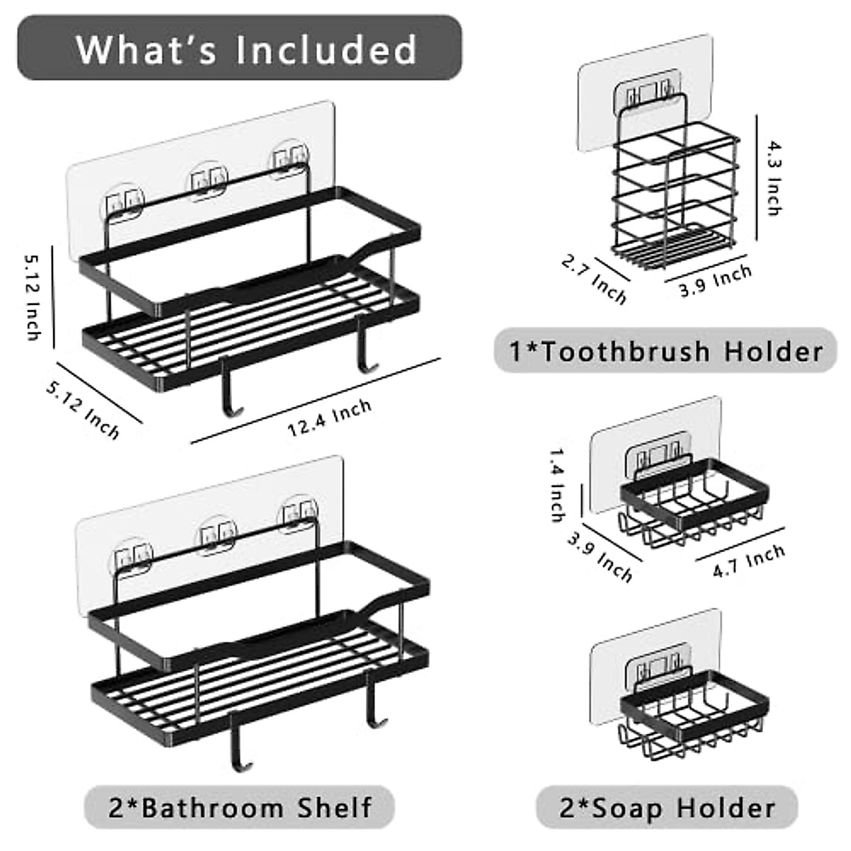 Lufia 5-Pack Shower Caddy, Adhesive Bathroom Organizer, No Drilling, Large Capacity, Rustproof Stainless Steel Bathroom Shower Organizer with 4 Hooks, Shower Shelf for Inside Shower, Black