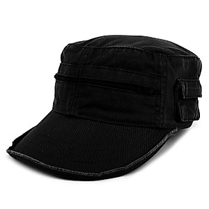 Armycrew Enzyme Washed Zippered Front Pockets Frayed Bill Army Cap - Black