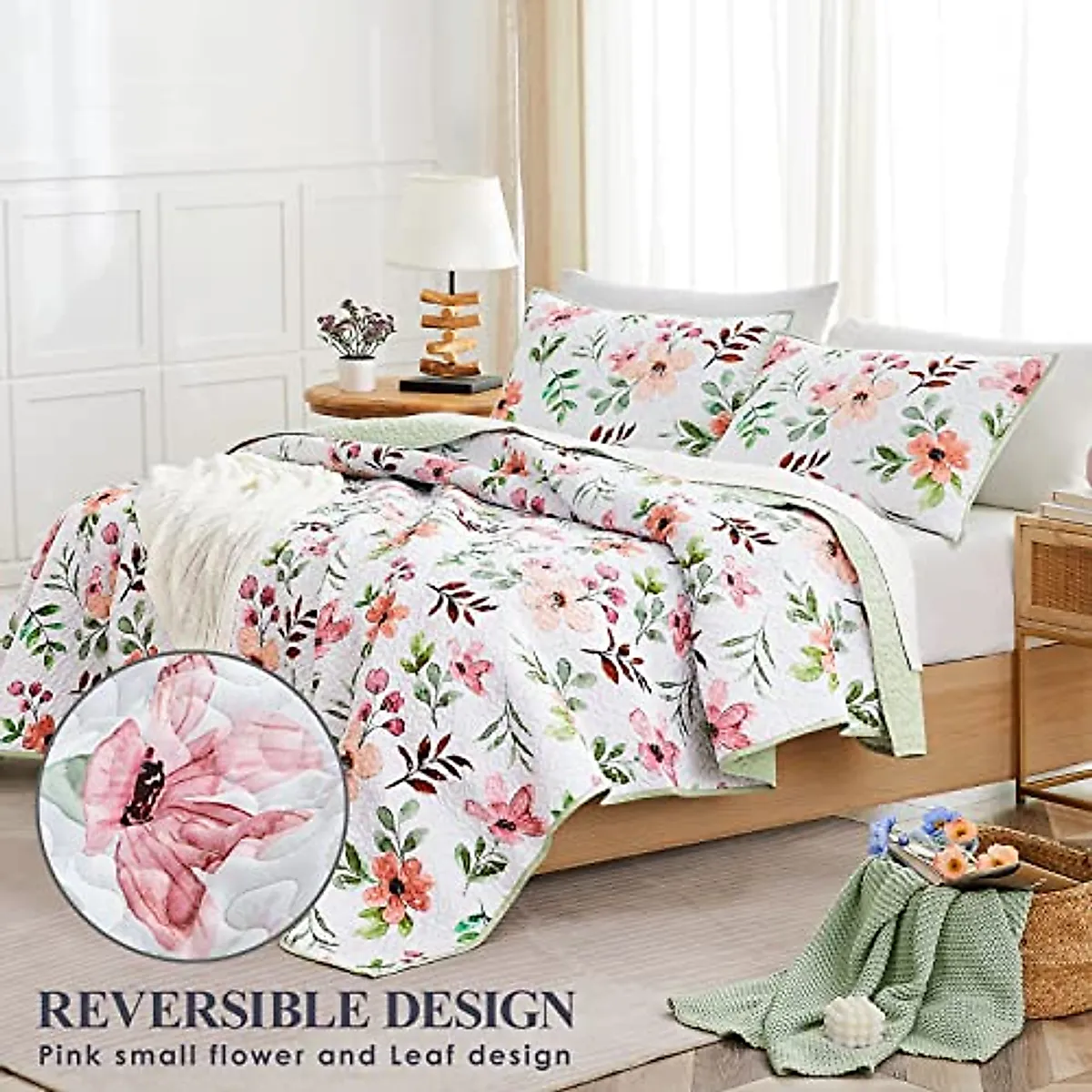 WRENSONGE Quilts Queen Size, 3 Pieces Pink Flower Reversible Quilt Bedding Sets, Soft Lightweight Microfiber Floral Pattern Printed Bedspread Coverlet for Bed, Couch, Blanket All Season 90"*94"