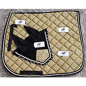 Glittery Shine Horse English Saddle Pad Set with Matching Fly Bonnet Set Ear Net Fly Veil (Rose Gold)