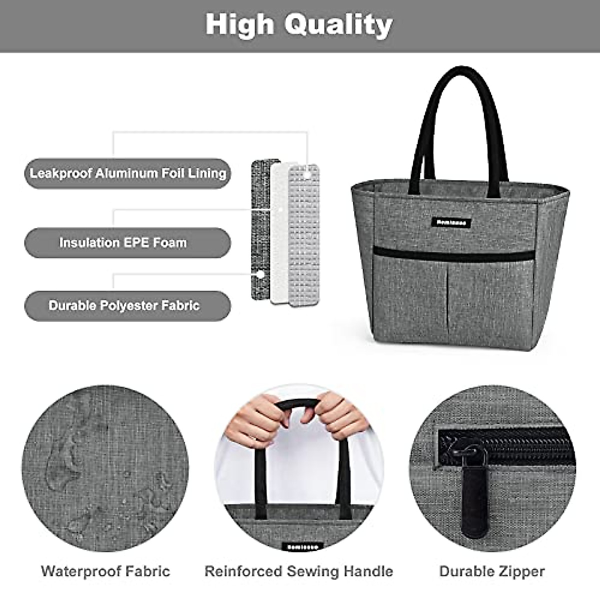 Insulated Lunch Bags for Women Men Thermal Lunch Bag with Front Pocket Leakproof Lunch Tote Bag Reusable Adult Lunch Bag Lunchbox with Small and Large Size for Office Work Picnic Shopping (Gray-S)