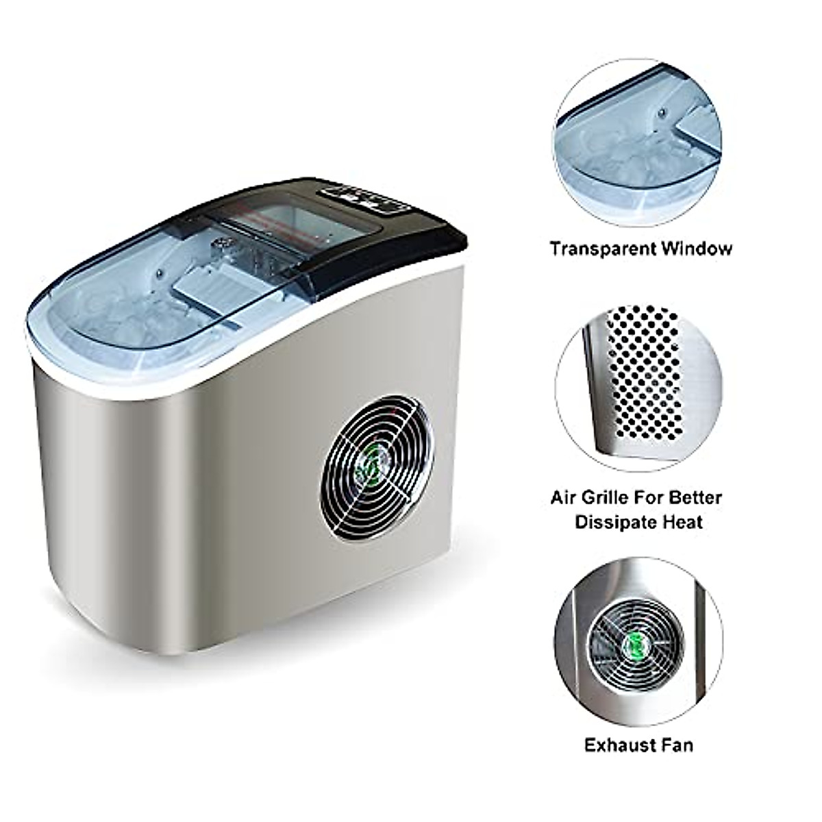 Angel Canada Stainless Steel Portable Ice Maker Compact Countertop with Panoramic View Window, Ice Cube Machine, Bullet Cubes in S/L Size 26 lb/24H for Home Office Party, Boat RV