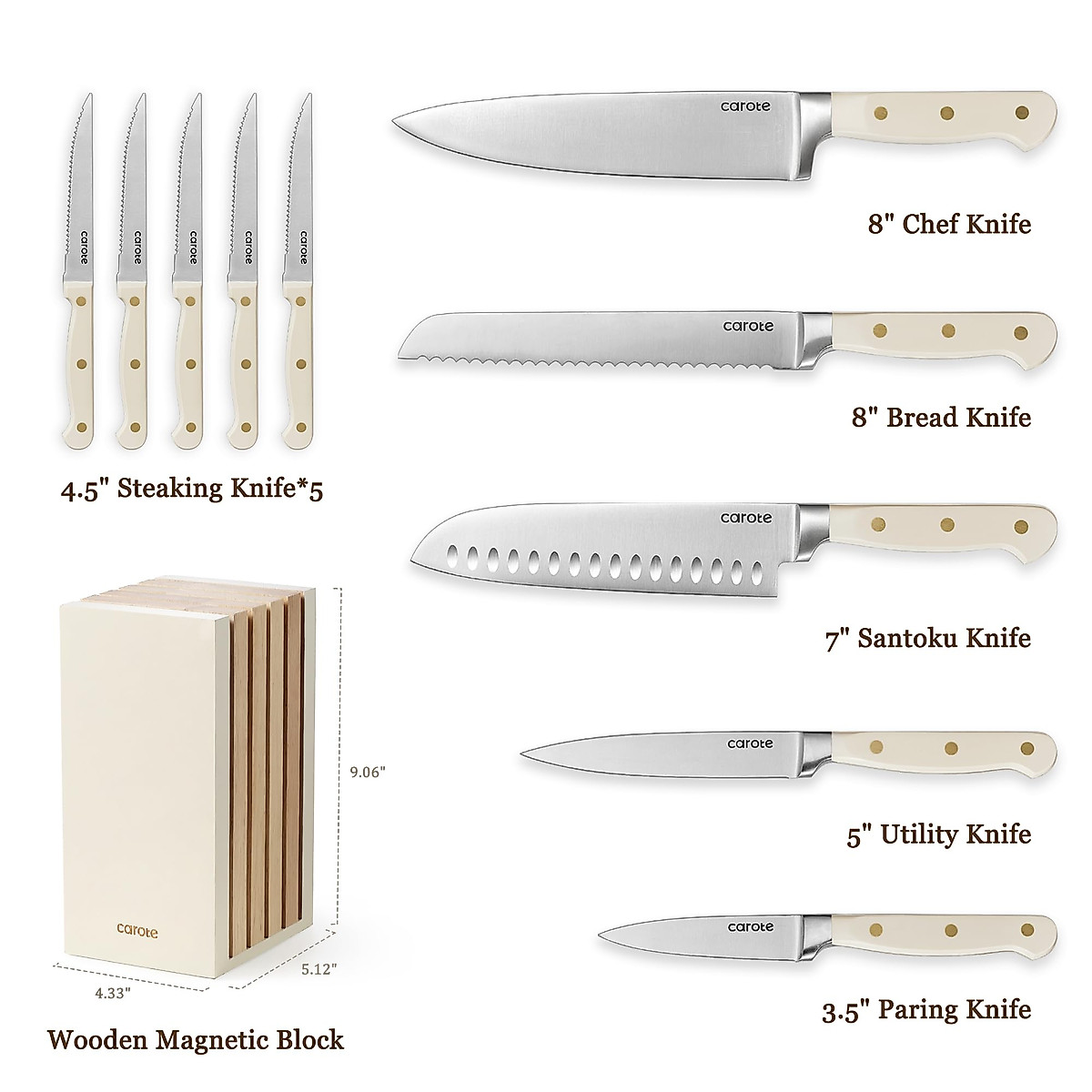 CAROTE 11PCS Knife Set with Block for kitchen, Stainless Steel Razor-Sharp Blade, Triple Riveted Ergonomic Handle,Essential Knife Set, Beige