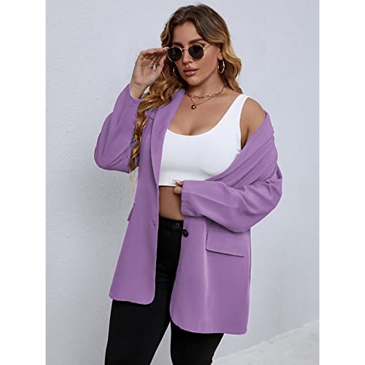 WDIRARA Women's Plus Size Button Front Long Sleeve Blazer Work Office Jacket Purple 4XL