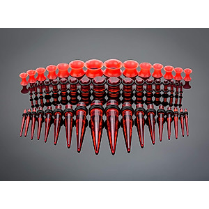 CABBE KALLO 50pcs Ear Stretching Kit Silicone Tunnels Acrylic Tapers & Plugs 14G-00G Gauges Set Expanders for Women Men Body Piercing Jewelry, Red