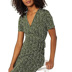 Amazon Essentials Women's Short Sleeve Faux-Wrap Dress, Olive Dots, Large