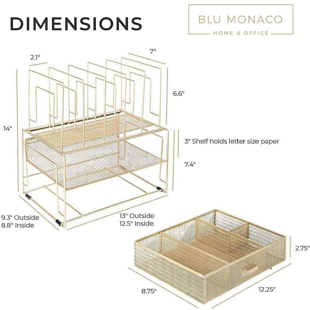 BLU MONACO Gold Desk Accessories and Workspace Organizers, Desktop Organizer - Cute File Organizer for Desk and Drawer Storage for Office Supplies, Paper, Device and Folders - File Holder
