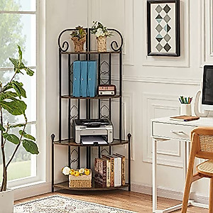 VECELO 4-Tier Ladder Corner Shelf with Metal Frame, Multipurpose Bookshelf Bookcase, Plant Stand & Storage Display Shelves for Living Room, Bedroom, Office, Rustic Brown
