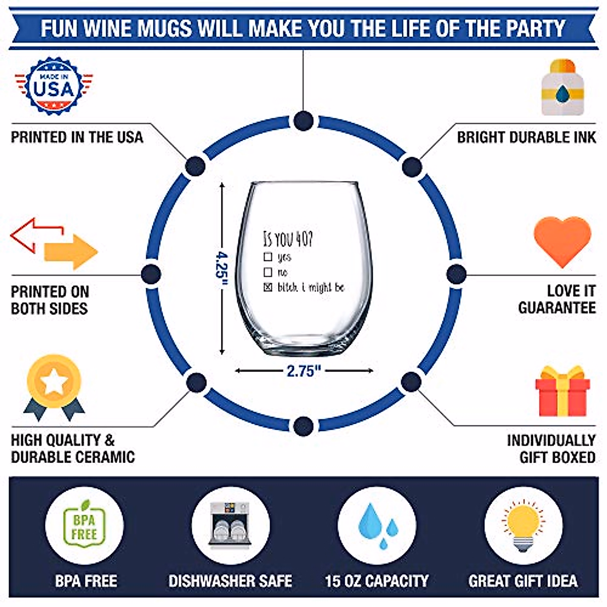 40th Birthday Gifts for Women and Men Wine Glass - Funny Is You 40 Gift Idea for Mom Dad Husband Wife – 40 Year Old Party Supplies Decorations for Him, Her - 15oz