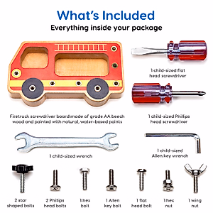 Montessori Screwdriver Set with Bolt Board. Toddler Tool Set with Real Tools for Kids Who Love Fire Truck Toys. Wooden Montessori Toys for 3, 4, 5 Year Olds. Fine Motor Toy for Preschool Learning.