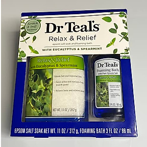 Dr. Teal's Relax & Relief Epsom Salt & Foaming Bath with Eucalyptus & Spearmint, 2 Piece Travel Set 11oz. Bag of Bath Salts & 3oz Bottle of Foam Bath (Eucalyptus)