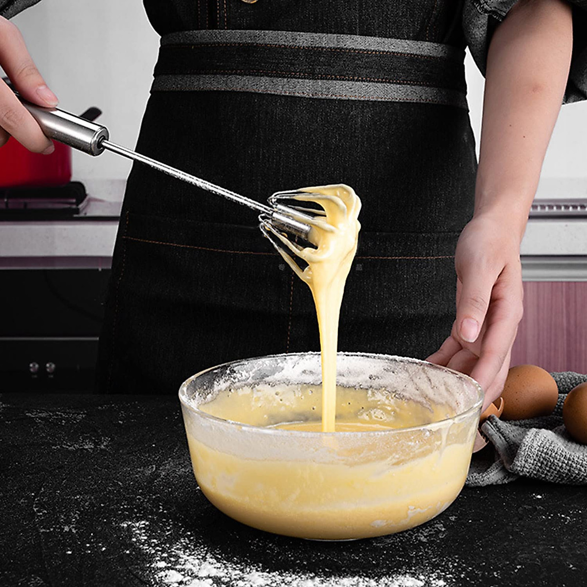 Semi-automatic Whisk, Stainless Steel Egg Beater, Hand Push Rotary Whisks Mixer Stirrer for Making Cream, Whisking, Beating and Stirring (3 Color)