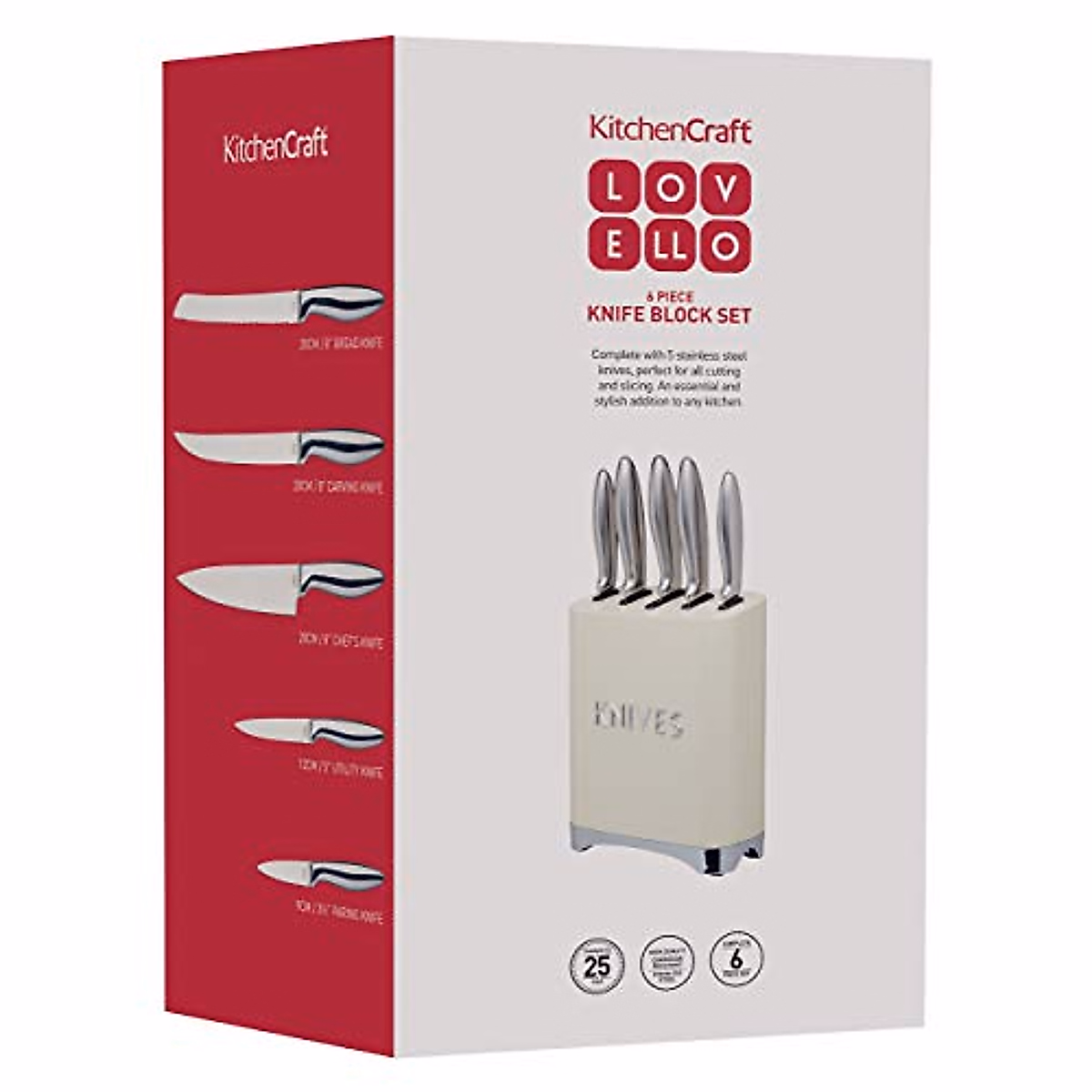 Kitchen Craft Lovello Retro 5-Piece Stainless Steel Knife Set and Knife Block – Vanilla Cream