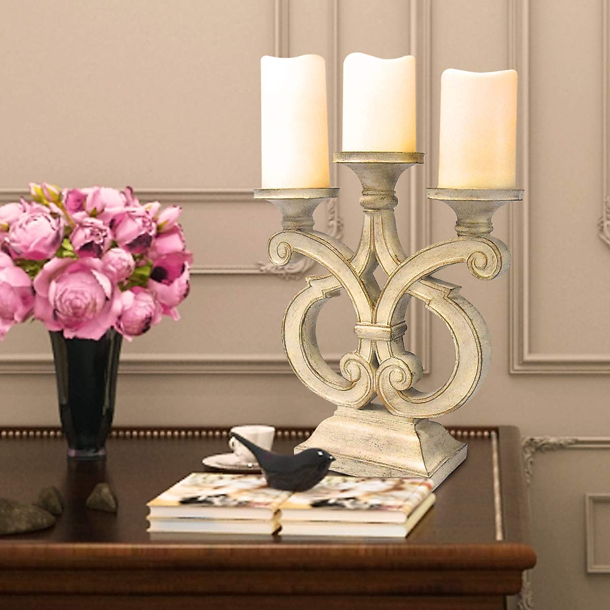 Antique Resin Candle Holder W/3 Arms,Fit 3.1" Candle, 11.8" H Candle Holders ,Ideal for LED & Pillar Candles, Gifts for Wedding,Party, Home, Spa, Reiki, Aromatherapy,Votive Candle Gardens.