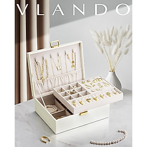 Vlando 2 Layer Jewelry Box Large Jewelry Organizer for Women Removable Jewelery Tray for Necklace Earrings Rings Bracelets Jewelry Boxes for Christmas Gifts Wedding Gifts (Cream White)