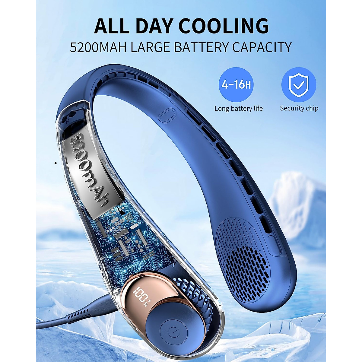 Neck Fan, Personal Fan with LED Indicator, USB-C Charging, Long-Lasting 5200mAh Battery, Hands Free Bladeless Fan with 3 Adjustable Speeds & Ultra-Quiet, Ideal for Home, Travel & Outdoor