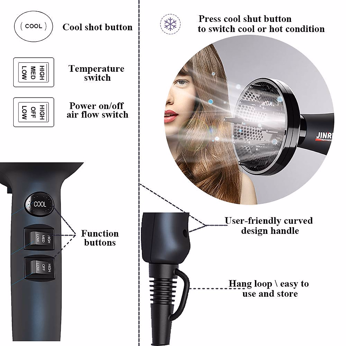 Jinri Hair Dryer Professional Salon Ionic Blow Dryer with Concentrator & Diffuser, Light Weight Low Noise Hair Blow Dryers, Black