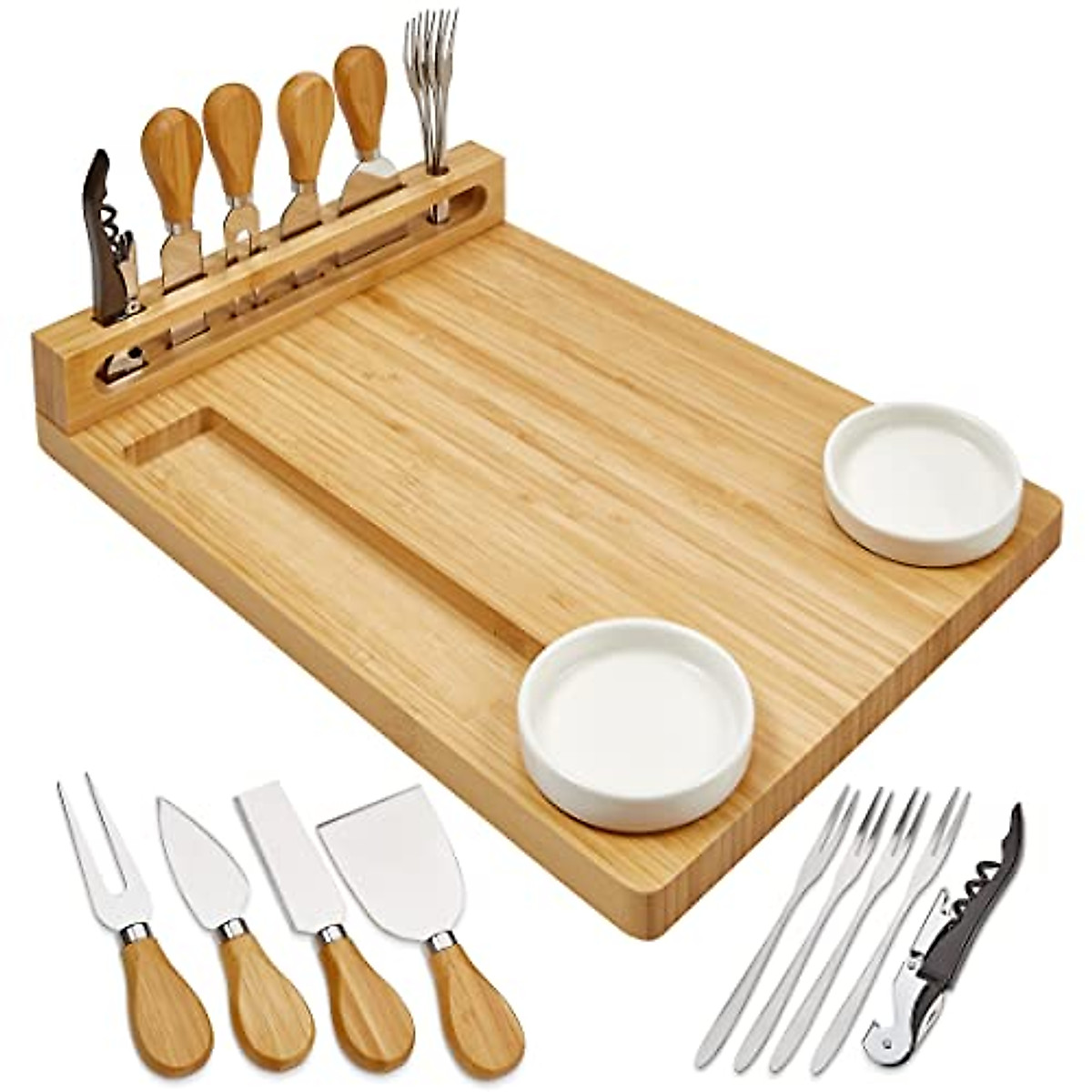 Charcuterie Board Set - Bamboo Cheese Board with Knife Set, Wine Opener, Ceramic Bowls & Forks - Removable Magnetic Utensils Holder for Easy Cleaning - Gifts for Housewarming, Weddings & Anniversaries