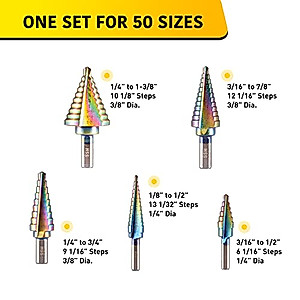 Anfrere Unique 5PCS Step Bits Set, 50 Sizes HSS Titanium Step Drill Bits, 1/8"-1-3/8" High Speed Steel Unibit Drill Bits Set for Sheet Metal with Storage Case, Multiple Hole Stepped Up Bits Home Tools